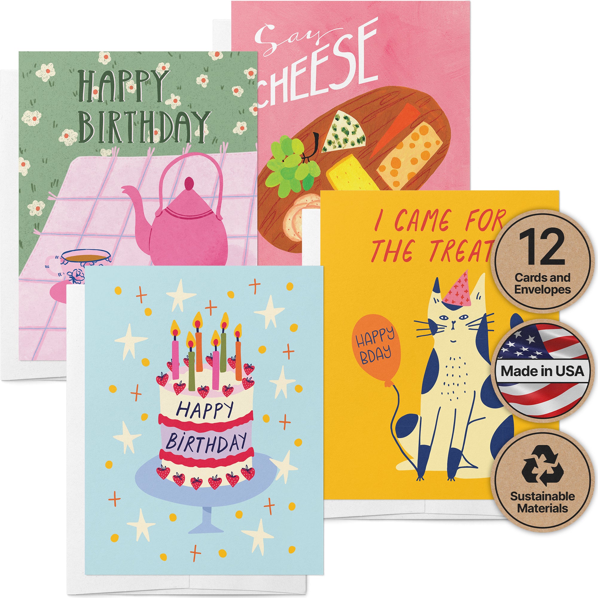 Artful Birthdays Illustrated Cards | 12 Pack Set